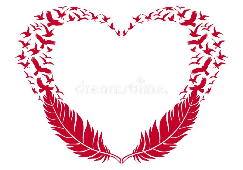 Red Heart with Feathers and Flying Birds, Vector Stock Vector ...
