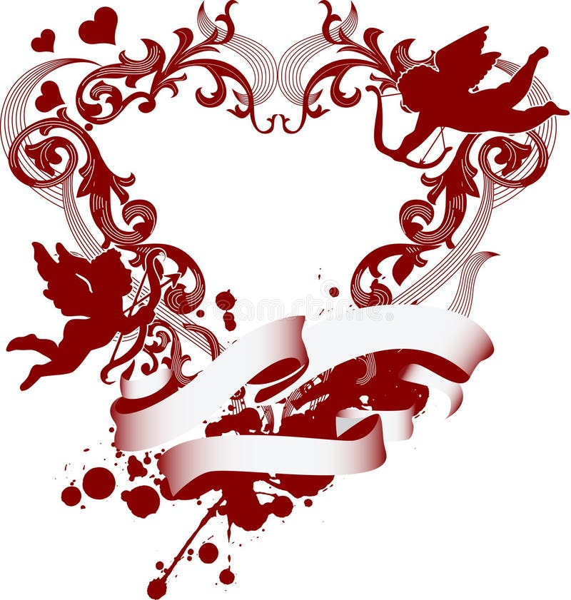 Red Heart with Filigree Ornament and Cupid Stock Vector - Illustration ...