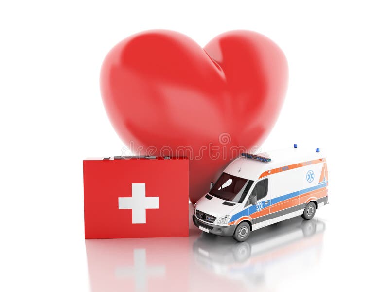 Red Heart, First Aid Kit and Ambulance. 3d Illustration Stock ...