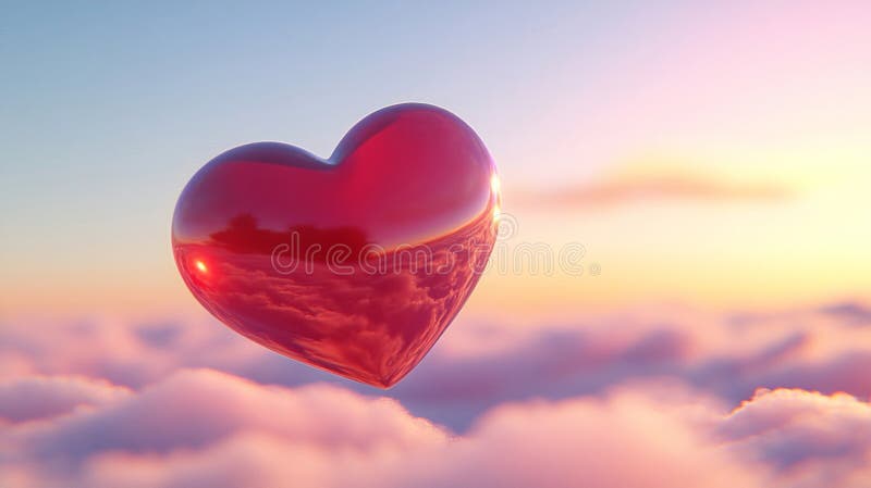 Red Heart Floating Above Pink Clouds at Sunset Stock Illustration ...