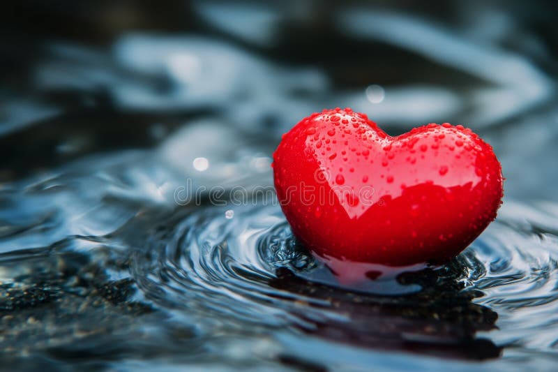 Red Heart Floating Gently on Water with Raindrops Reflecting Soft Light ...