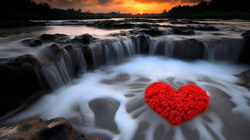 Red Heart Floating in Waterfall at Sunset Stock Illustration ...