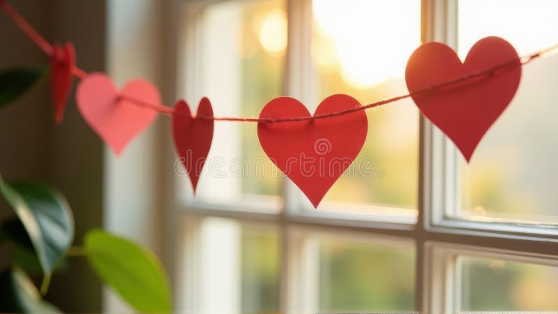 Red Heart Garland Hanging in Sunlit Window Stock Illustration ...