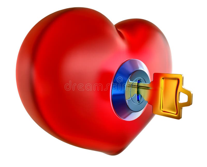 Red heart with golden key stock illustration. Illustration of cupid ...