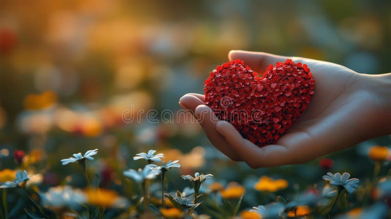 A Red Heart in a Hand, Spring Meadow Stock Image - Image of hand ...