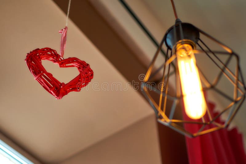 Red Heart Hanging Near the Lamp Stock Image - Image of sentimental ...