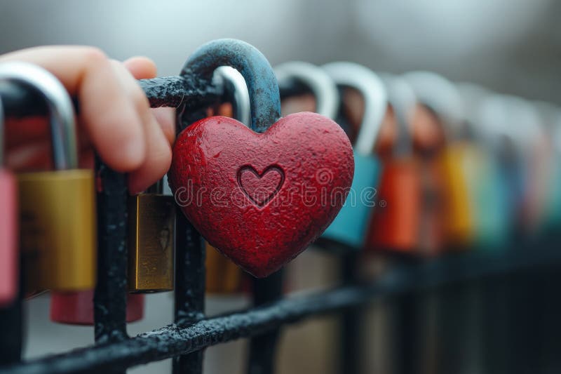 Red Heart Lock Stands Out on Railing with Various Other Padlocks in a ...