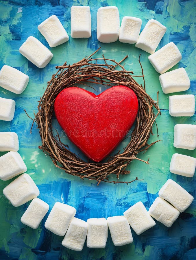 Red Heart in Nest Surrounded by Marshmallows on High Quality Image ...