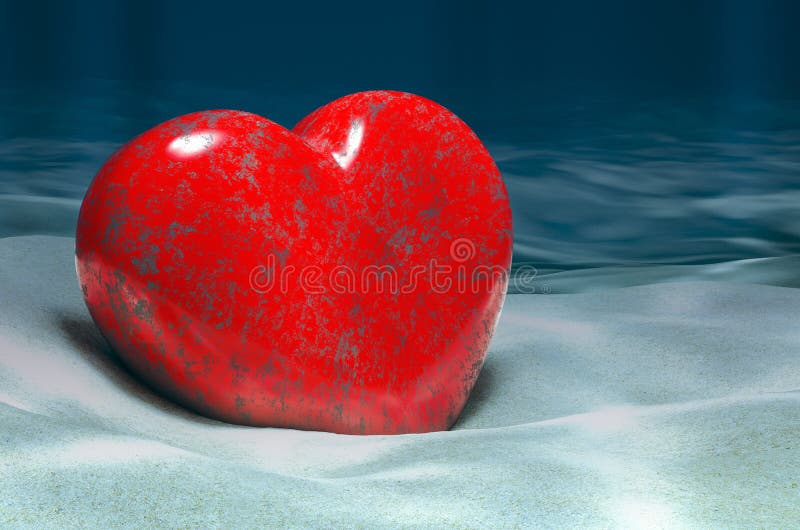 Red Heart on Ocean Bottom Underwater, 3D Rendering Stock Illustration ...