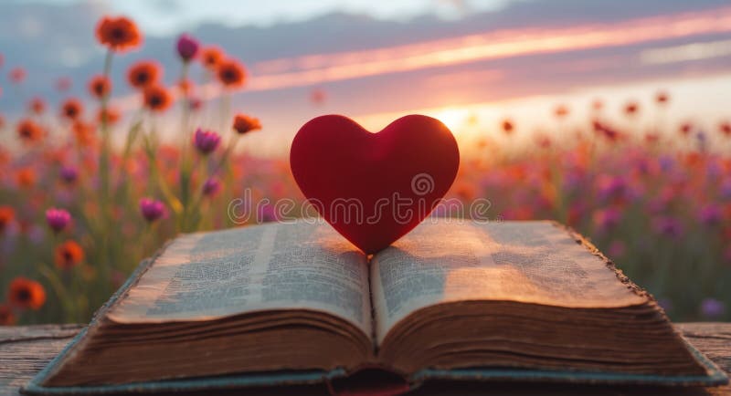 Red Heart on Open Book in Flower Field at Sunset. Stock Photo - Image ...