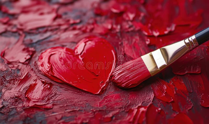 Red Heart Painted with Brush on Textured Canvas Background for Romantic ...