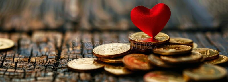 Red Heart on Pile of Coins stock image. Image of generative - 314705421