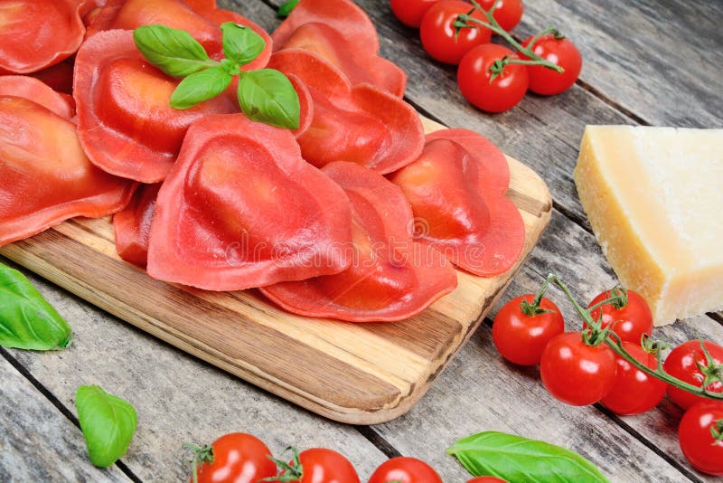 Red Heart Ravioli with Cherry Tomato, Mozzarella, Parmesan and Basil ...