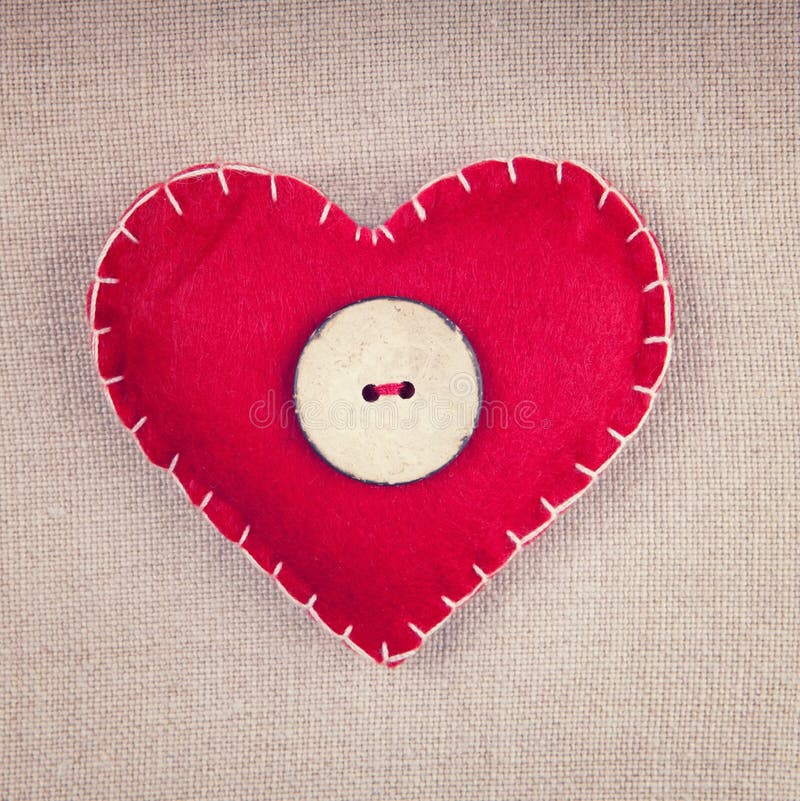Red Heart with a Retro Wooden Button on Fabric Stock Image - Image of ...