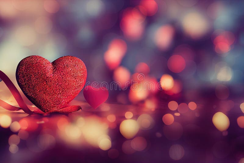 A Red Heart with a Ribbon on a Table with Blurry Lights in the ...