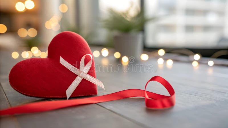 A Red Heart with a Ribbon on a Table with Blurry Lights in the ...