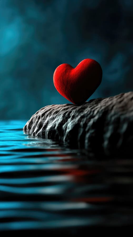Red Heart on Rock by Tranquil Water with Moody Atmosphere Stock Photo ...