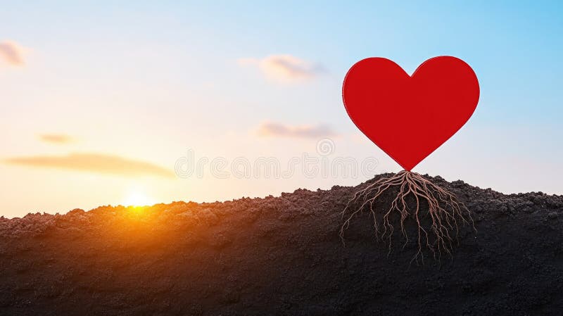 Red Heart with Roots Emerging from Soil at Sunrise Symbolizing Growth ...