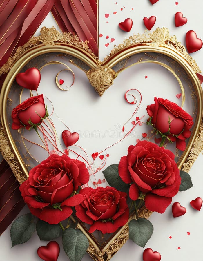 Red Heart with Roses and Gold Frame Stock Illustration - Illustration ...