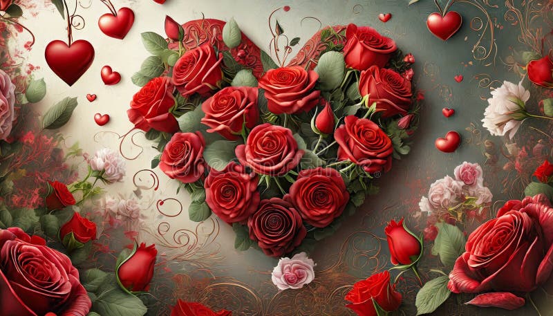 Red heart with roses stock illustration. Illustration of flower - 327958358