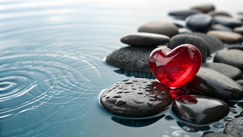 Red Heart Ruby on Black Pebbles in Water. Panorama Background Banner ...