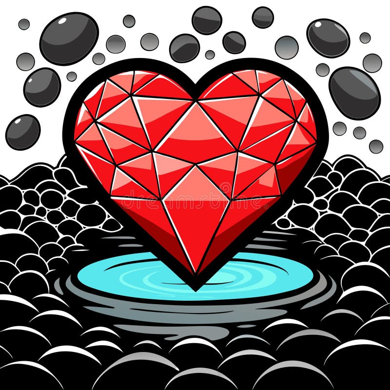 Red Heart Ruby on Black Pebbles in Water. Panorama Background Banner ...