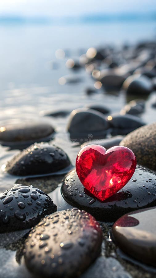 Red Heart Ruby on Black Pebbles in Water. Panorama Background Banner ...