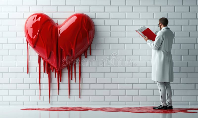 Red Heart Sculpture Dripping Paint with Scientist Examining it in ...