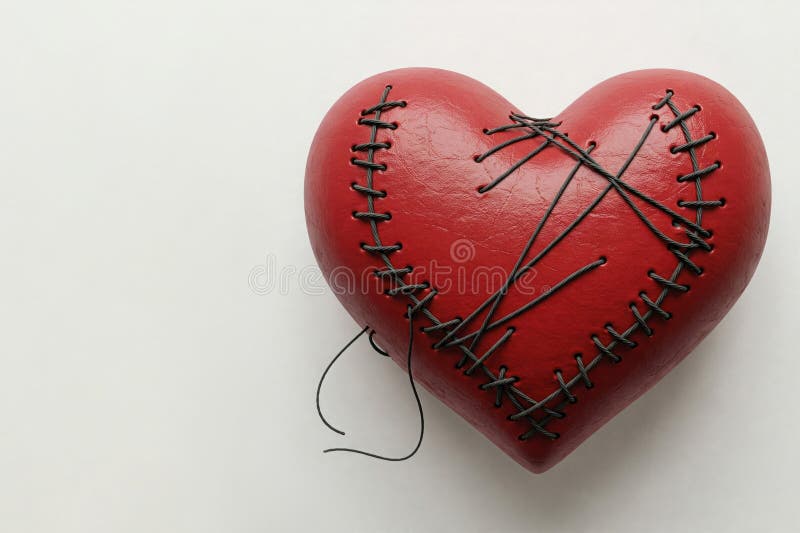 A Red Heart Sewn with Black Threads after Damage. Space for Text. Stock ...