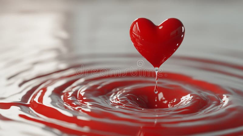 Red Heart Shape Dropping into Liquid Creating Concentric Ripples ...