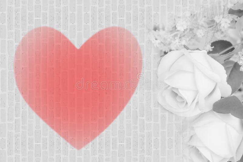 Red Heart Shape and Rose on White Bricks Wall Texture,Double Exposure ...