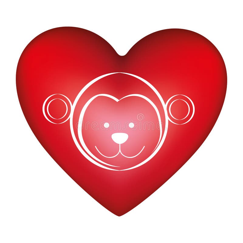 Red Heart Shape with Silhouette Face Cute Monkey Animal Stock ...