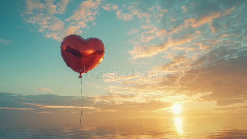Red Heart Shaped Balloon Floating Above Ocean at Sunset Stock ...
