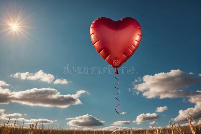 Red Heart Shaped Balloon Fly into the Blue Sky with Clouds, Love ...