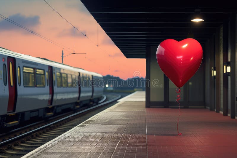 A Red Heart Shaped Balloon Perched on the Side of a Train, an Empty ...