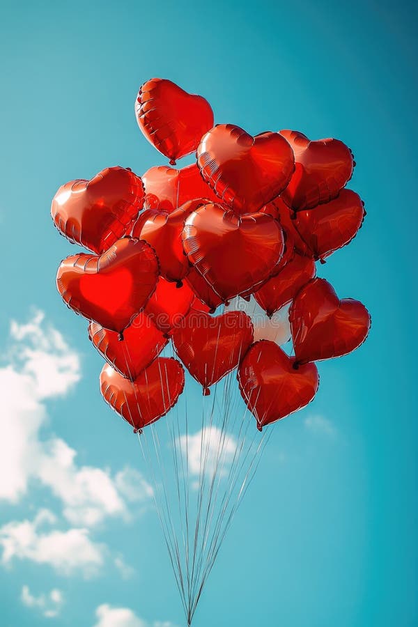 Red Heart Shaped Balloons Floating in the Blue Sky Stock Illustration ...