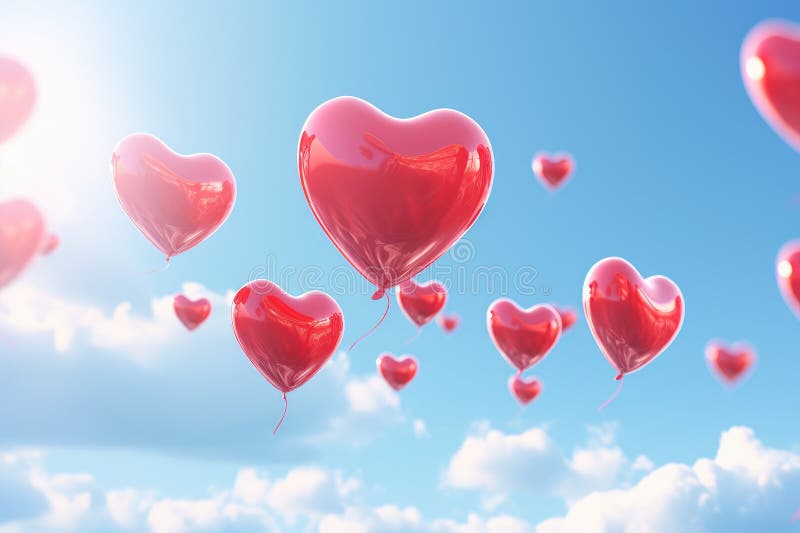 Red Heart Shaped Balloons Flying in the Blue Sky. 3D Rendering, Close ...