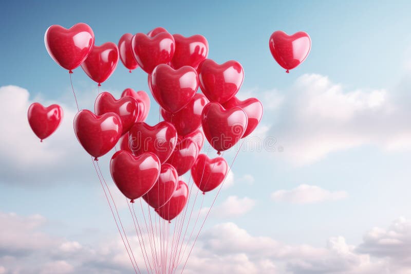 Red Heart-shaped Balloons Flying in the Blue Sky. 3d Rendering, Close ...
