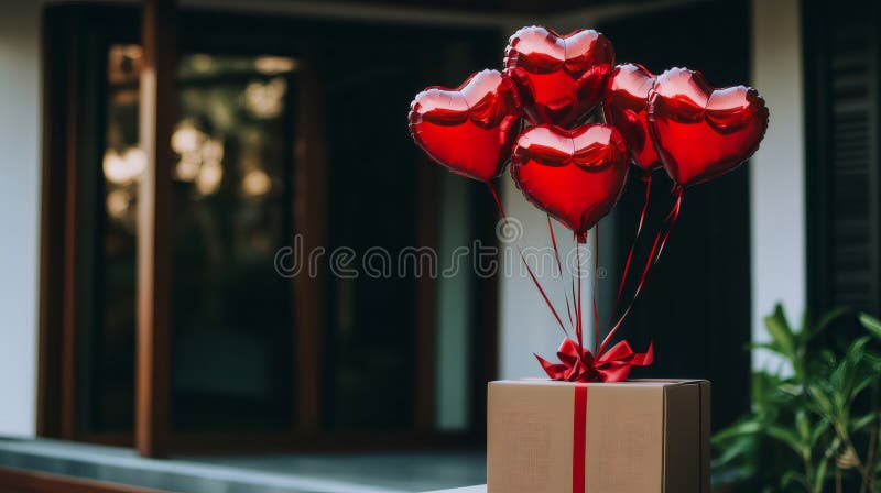 Red Heart Shaped Balloons Lifting a Gift Box Stock Illustration ...