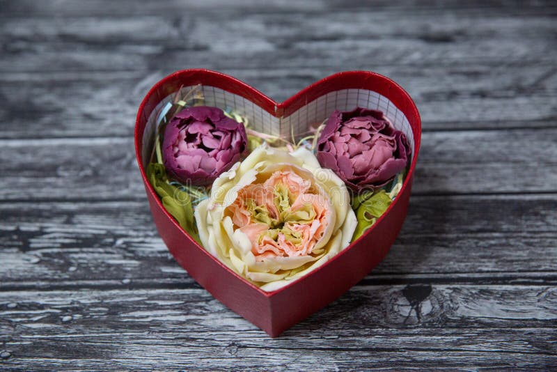 Red Heart-shaped Box with Edible Chocolate Flowers Stock Image - Image ...