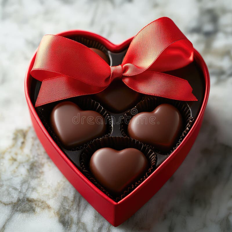 Red Heart-Shaped Box with Satin Bow, Containing Four Chocolate Hearts ...