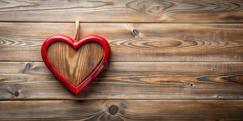 Red Heart-shaped Frame Hanging on Rustic Wooden Planks. Generative AI ...