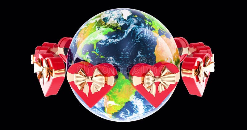 Red Heart Shaped Gift Boxes Rotation Around the Earth Globe, Animation ...