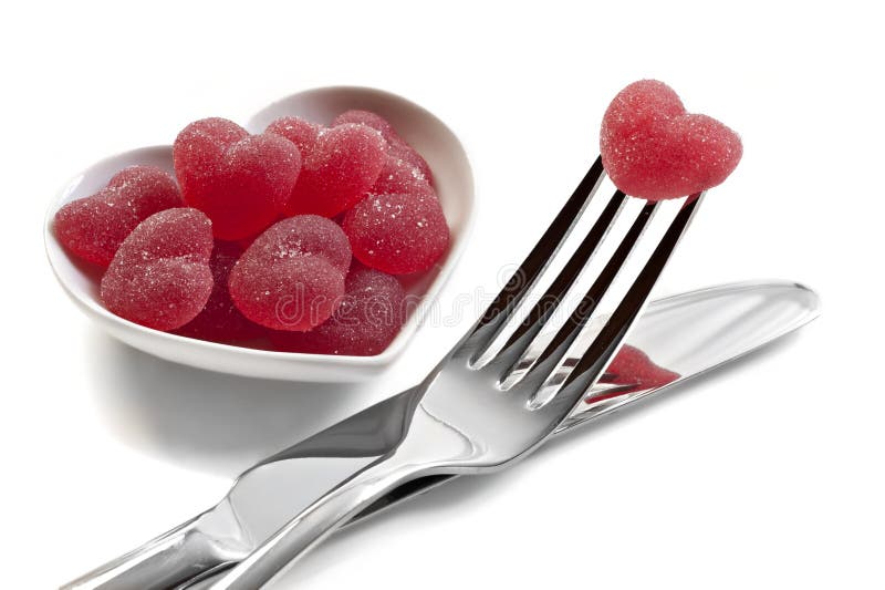 Red Heart Shaped Jelly Sweets with Cutlery Stock Photo - Image of ...