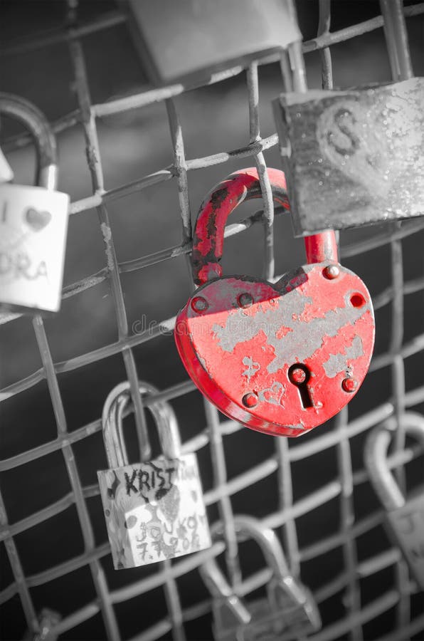 Red Heart-shaped Lock on a Bridge. Stock Image - Image of closed ...