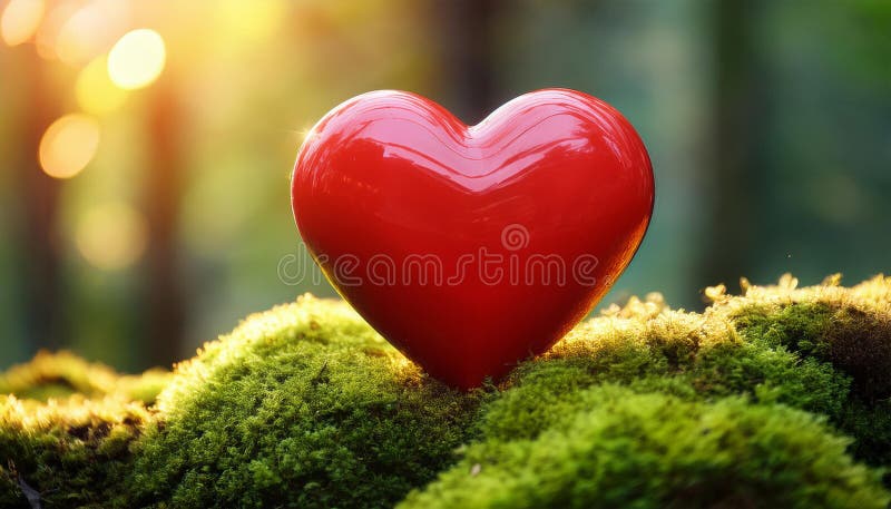 Red Heart Shaped Object on Mossy Forest Floor with Sunlight and Bokeh ...