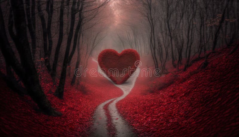 A Red Heart Shaped Path in the Middle of a Forest with Trees and a ...