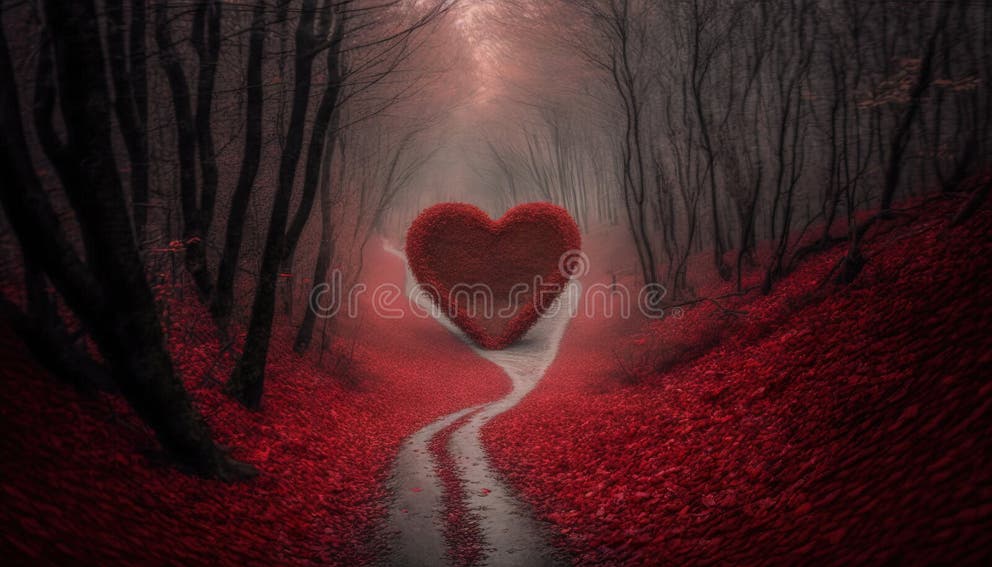 A Red Heart Shaped Path in the Middle of a Forest with Trees and a ...