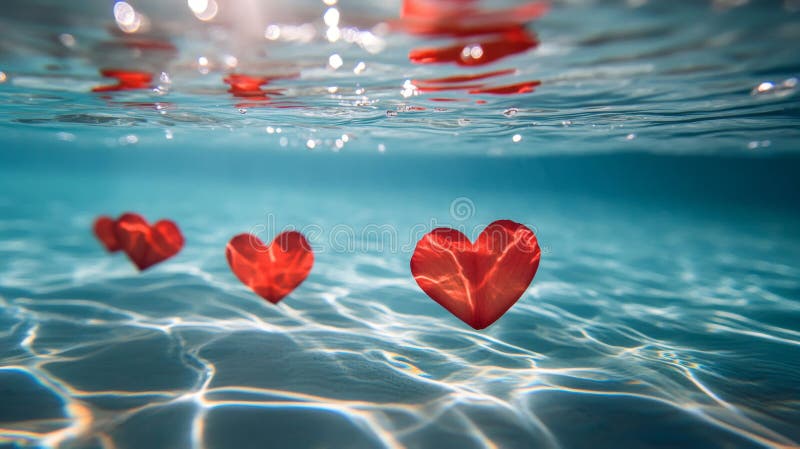 Red Heart Shaped Petals Float Gently in Turquoise Water Stock ...