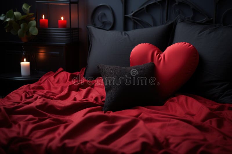 Red Heart Shaped Pillow on Black and Red Silk Bed in Bedroom with ...